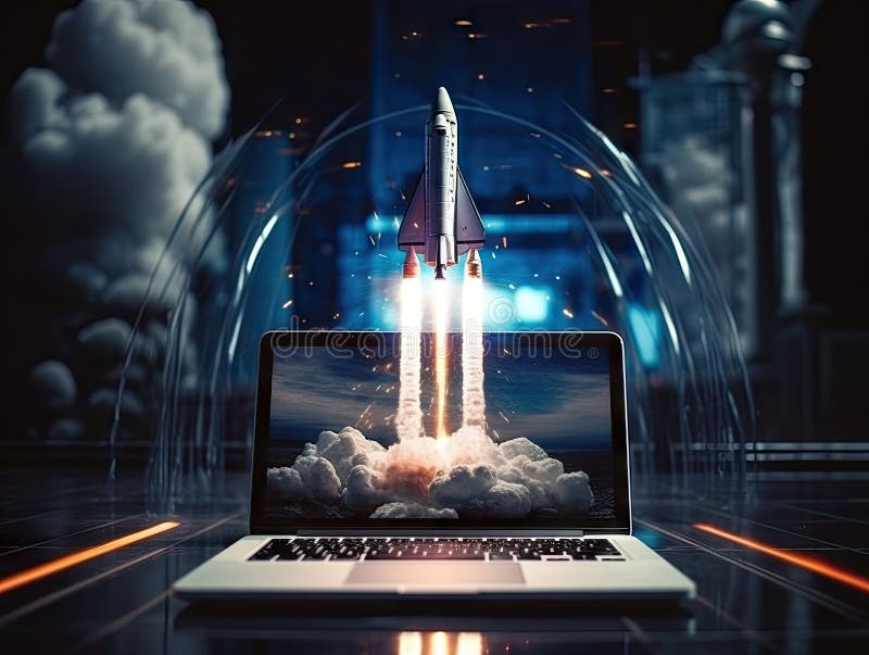 Rocket Taking Off from a Laptop Screen Stock Illustration ...