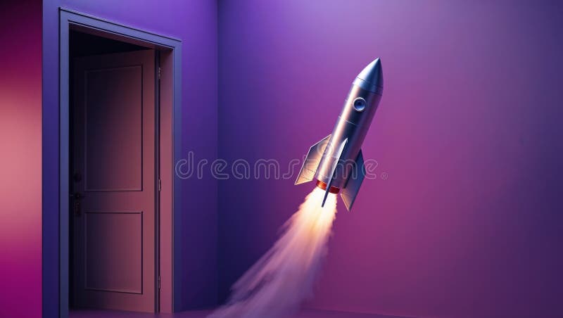 Rocket Taking Off Near Door on Purple Wall. Stock Image - Image of ...