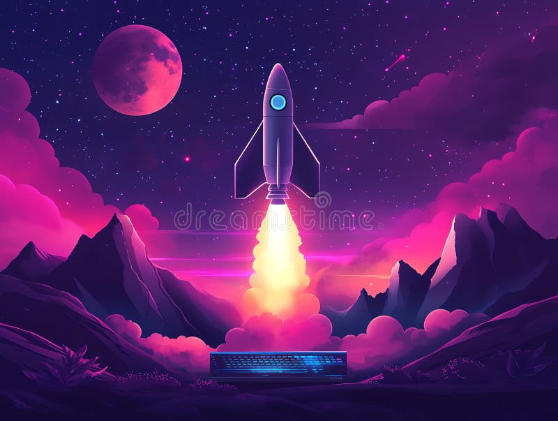 A Rocket Taking Off into a Night Sky with a Bright Red Moon and Stars ...