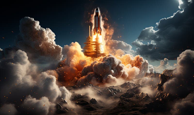 Rocket Launching into the Sky with Clouds Stock Photo - Image of white ...
