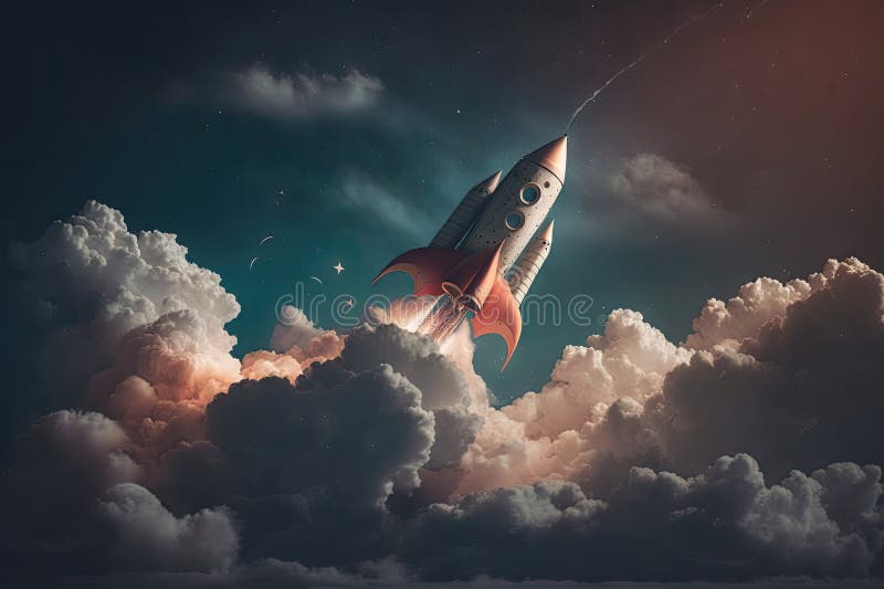Rocket Taking Off into the Sky with Clouds and Stars in the Background ...