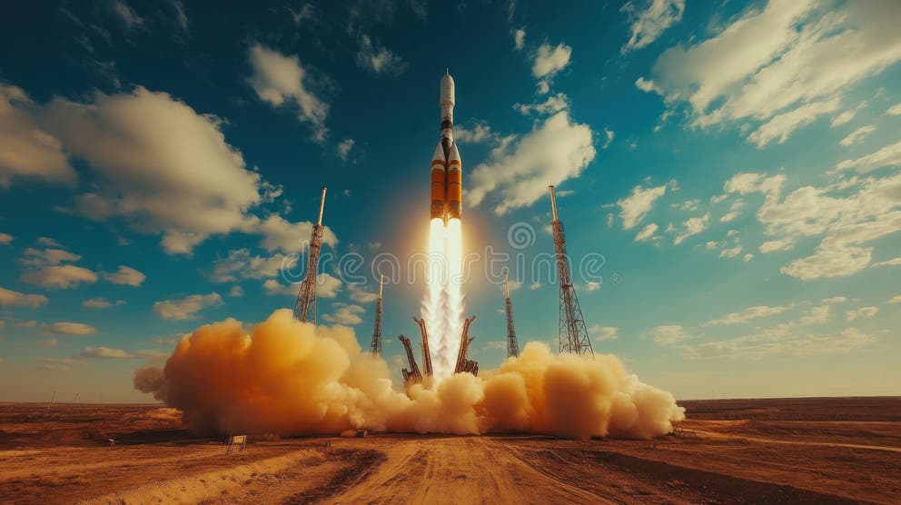 Rocket Taking Off. Space Launch in the Desert. Spacecraft Flies. Big ...