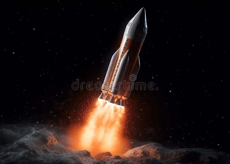 Rocket Taking Off into Space. Rocket with Smoke Flies into Space ...