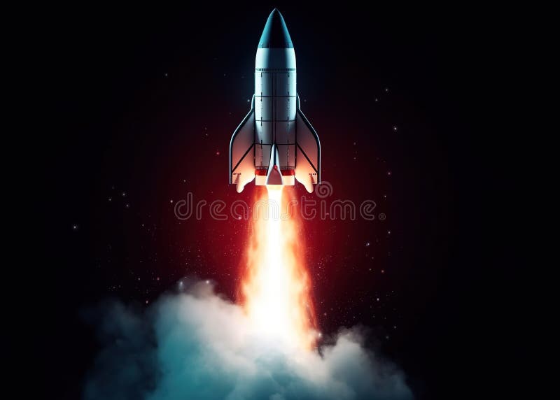 Rocket Taking Off into Space. Rocket with Smoke Flies into Space ...