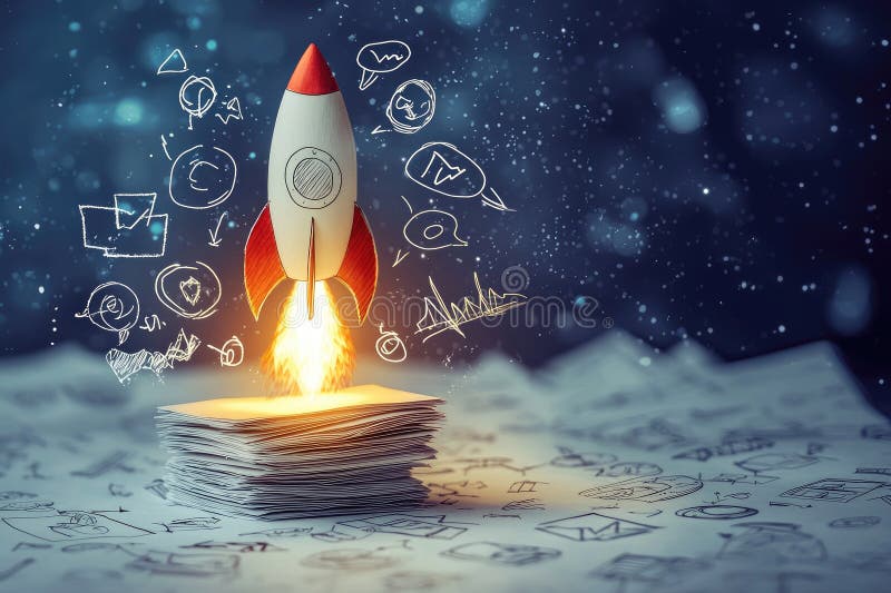 A Rocket is on Top of a Stack of Papers with Various Symbols and Words ...