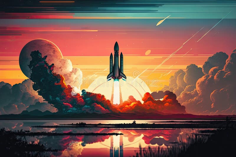 Rocket, with View of Colorful Sunset, Taking Off into the Sky Stock ...