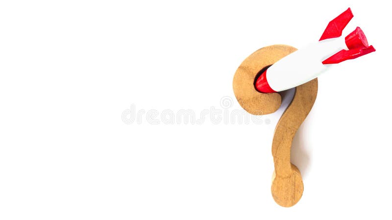 Rocket on Wooden Question Mark on White Background. Problem or Crisis ...