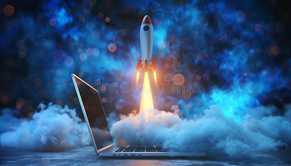 Rocket Zooming Out of Laptop, Deep Blue Digital Cloud Stock ...