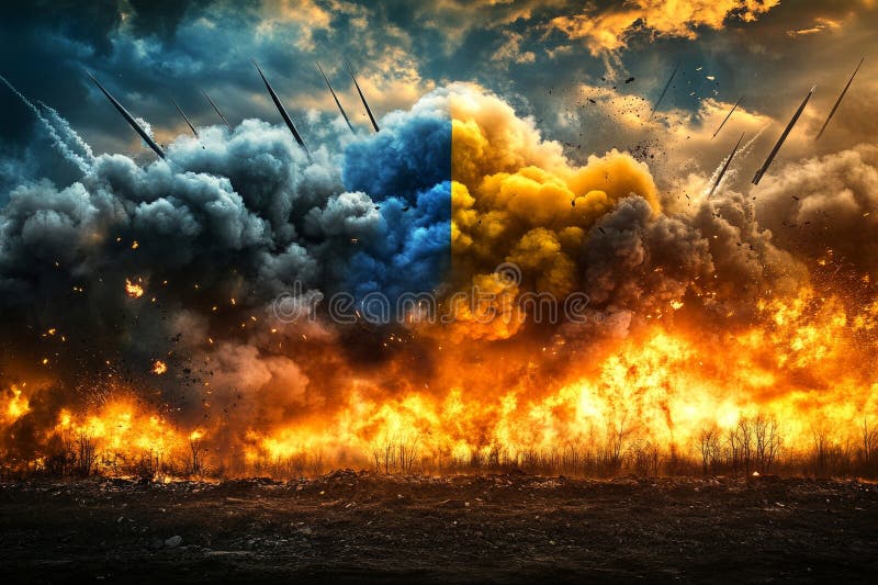 Rockets Exploding Over Burning Land Representing Ukrainian Flag Colors ...