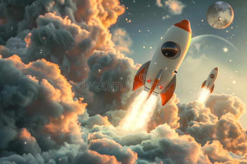 Rockets Flying through the Clouds Stock Illustration - Illustration of ...