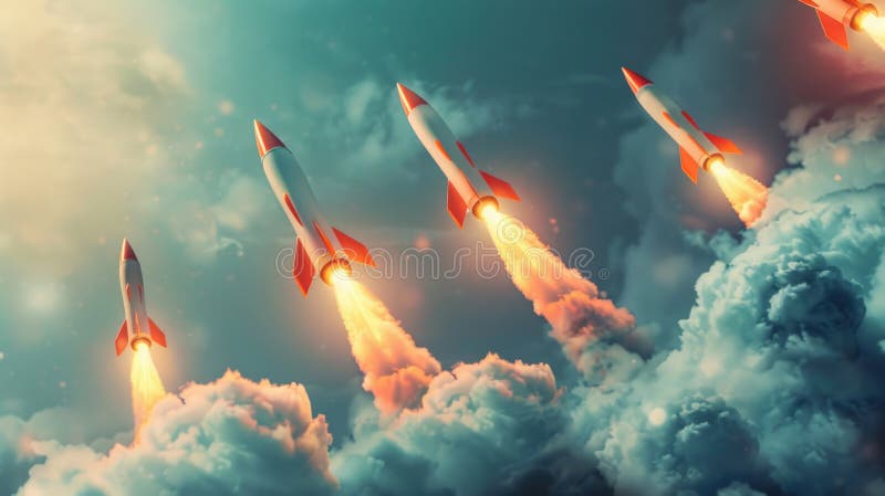 Rockets Flying through a Cloudy Sky, Suitable for Science or Technology ...