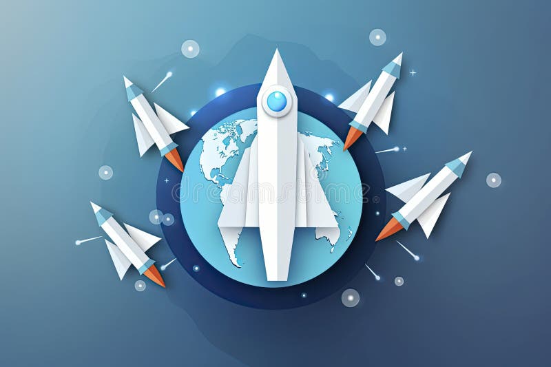 Rockets Launch with Communication and Security Icon on the World Map ...