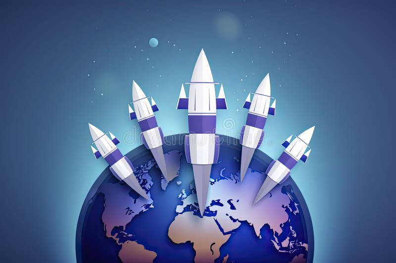 Rockets Launch with Communication and Security Icon on the World Map ...
