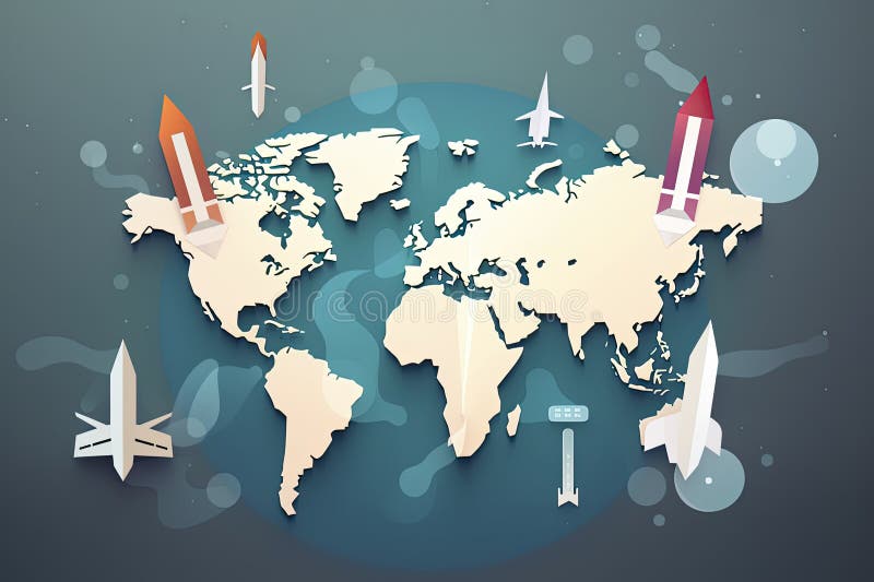 Rockets Launch with Communication and Security Icon on the World Map ...