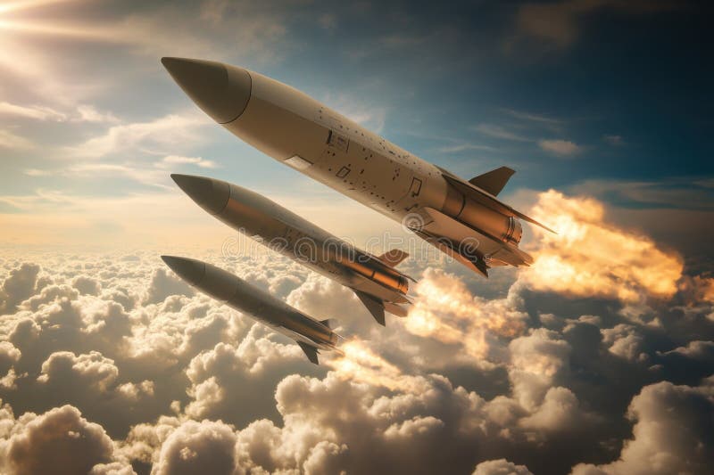 Rockets Launch into the Sky with Trails of Fire Against a Backdrop of ...