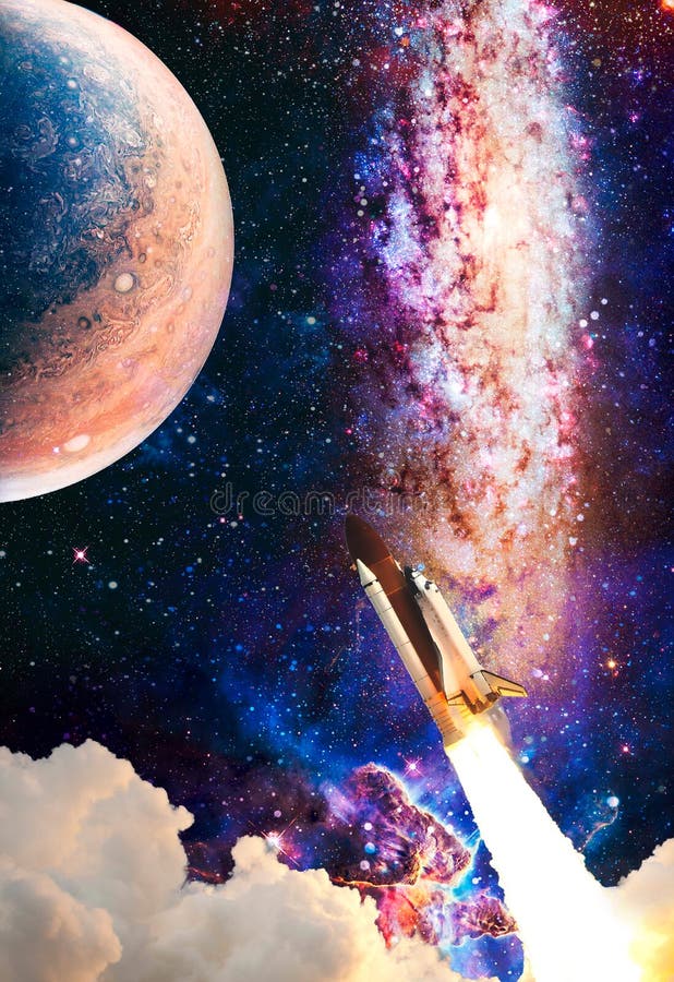 Rockets Launch into Space on the Starry Sky. Rocket Starts into Space ...