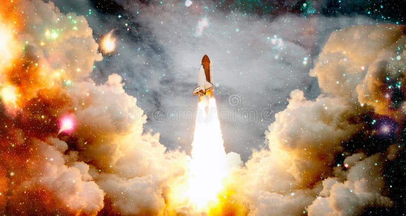 Rockets Launch into Space on the Starry Sky. Spacecraft Flies into ...