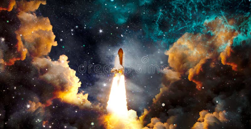 Rockets Launch into Space on the Starry Sky. Spacecraft Flies into ...