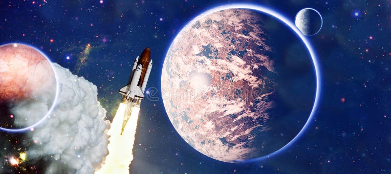 Rockets Launch into Space on the Starry Sky. Spacecraft Flies into ...