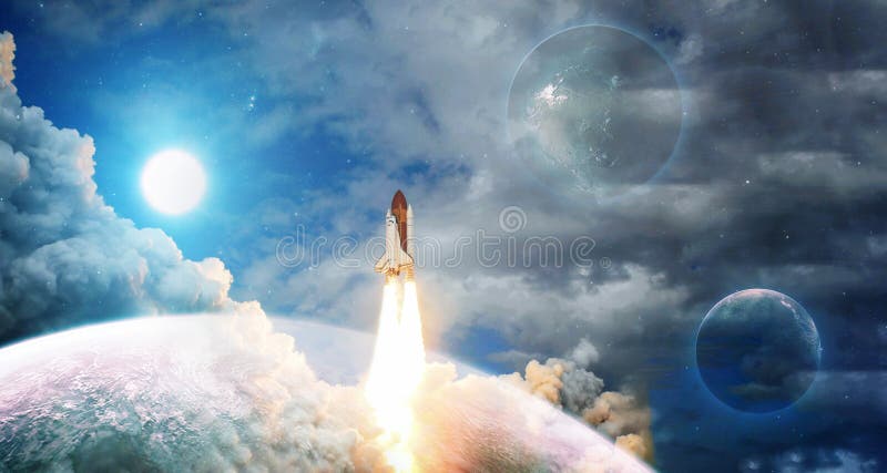Rockets Launch into Space on the Starry Sky. Spacecraft Flies into ...
