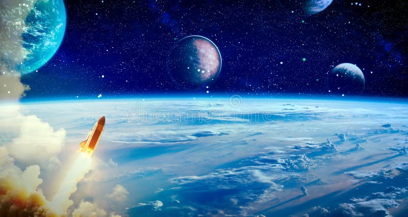 Rockets Launch into Space on the Starry Sky. Spacecraft Flies into ...