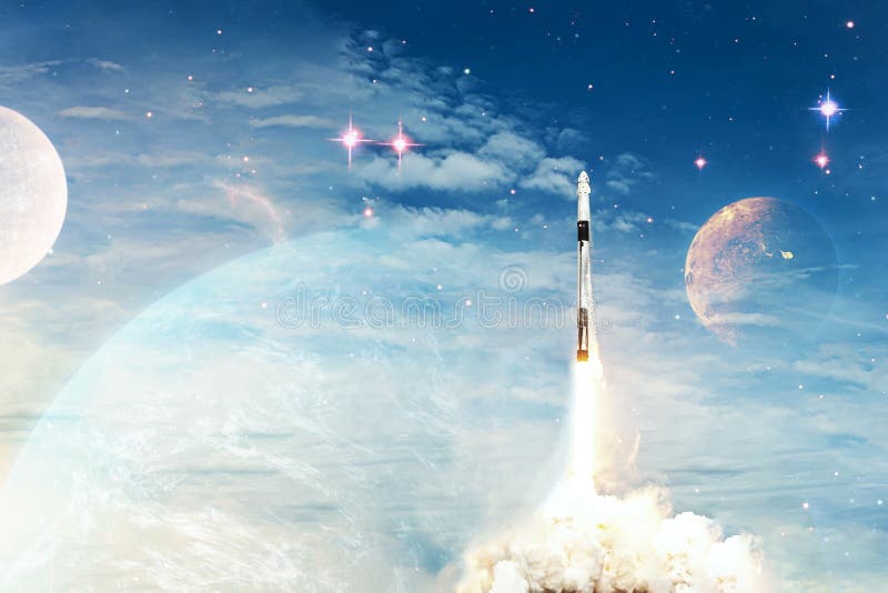 Rockets Launch into Space on the Starry Sky. Spacecraft Flies into ...