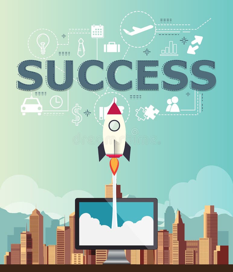 Rocketship on Computer for Startup Success Media. Stock Illustration ...