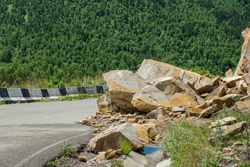 Rockfall on the Road in the Mountains. Stock Photo - Image of hindrance ...
