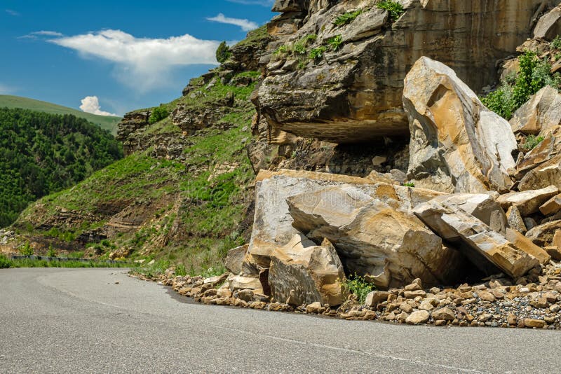 Rockfall on the Road in the Mountains. Stock Photo - Image of asphalt ...