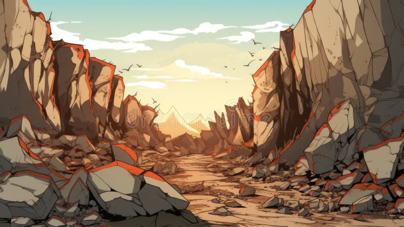 Rockfall: a Stunning Comic Image of a Canyon with Rocks and Sun Stock ...