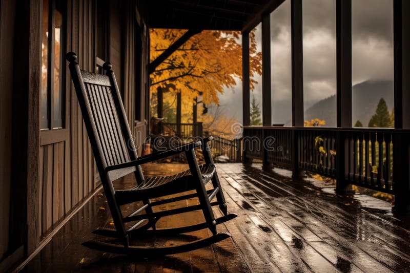 A Rocking Chair on a Covered Patio with Rain Falling in the Background ...