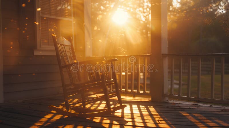 Rocking Chair on a Cozy Porch with Sunlight Streaming in from the ...
