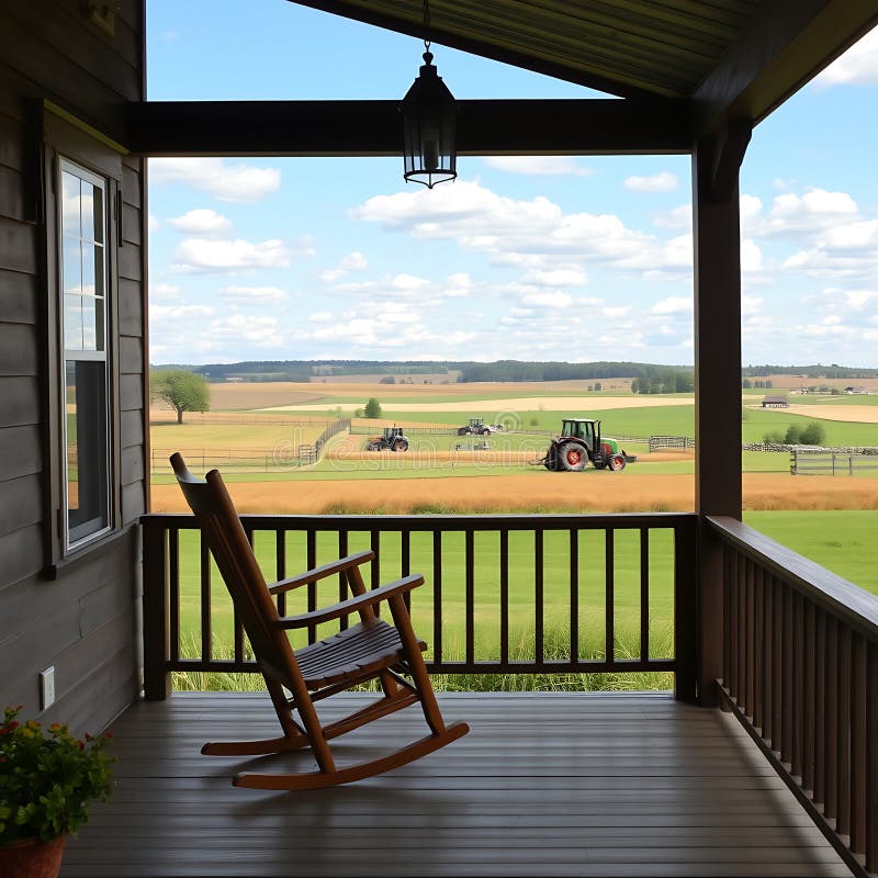 A Rocking Chair on a Traditional Farmhouse Porch with a Wide View of ...