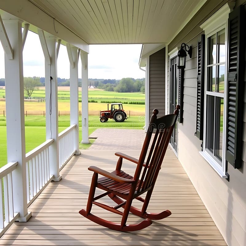 A Rocking Chair on a Traditional Farmhouse Porch with a Wide View of ...