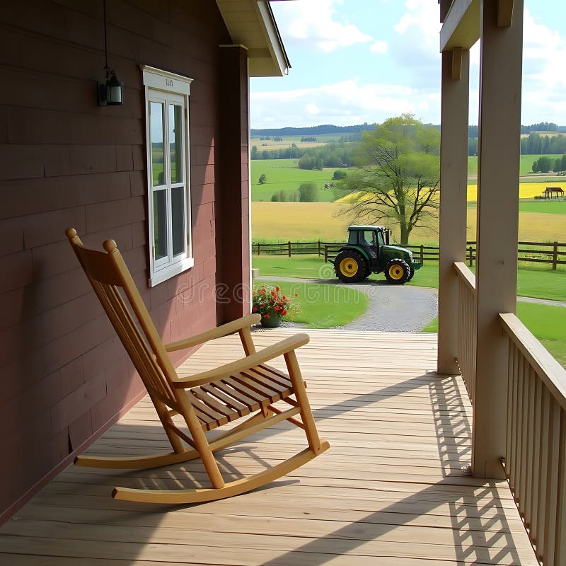 A Rocking Chair on a Traditional Farmhouse Porch with a Wide View of ...