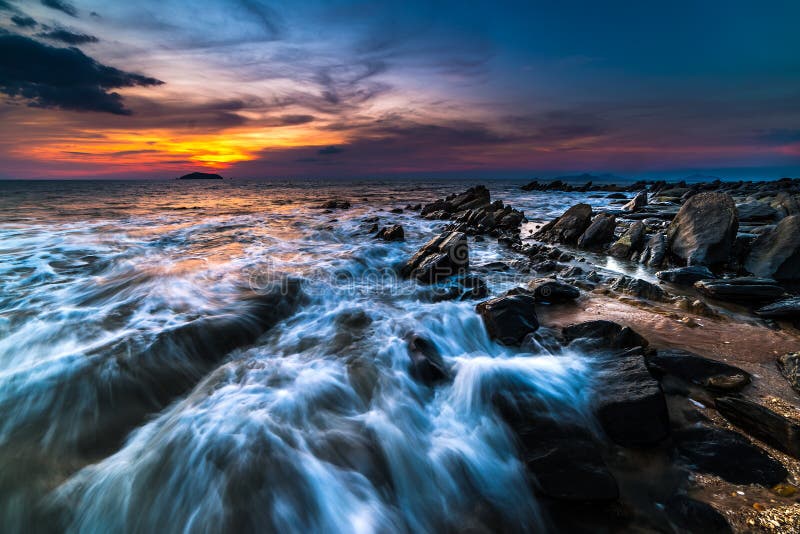 Rocks Beach Sunset Motion Blur Soft Focus Du Stock Photos - Free ...