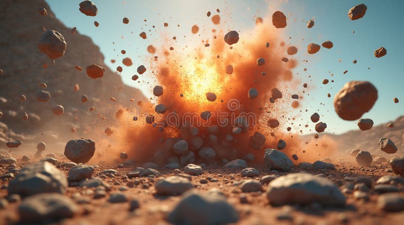 Rocks and Debris Exploding in a Dynamic Impact in a Desert Landscape ...
