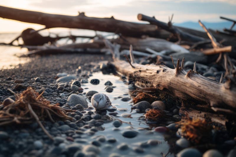 Rocks and Driftwood on the Beach at Sunset Stock Illustration ...