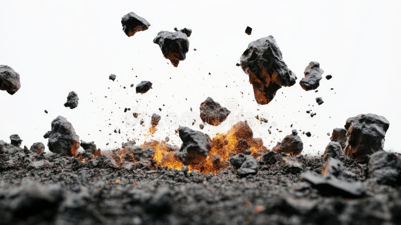 Rocks Exploding from Fiery Ground with High Intensity Energy, Dynamic ...