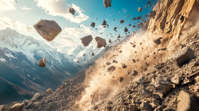 Rocks Falling from Mountain Slope Causing Landslide in Snowy Mountains ...