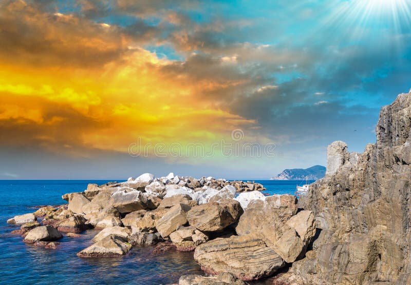 Rocks of Five Lands, Italy stock image. Image of beach - 53792591