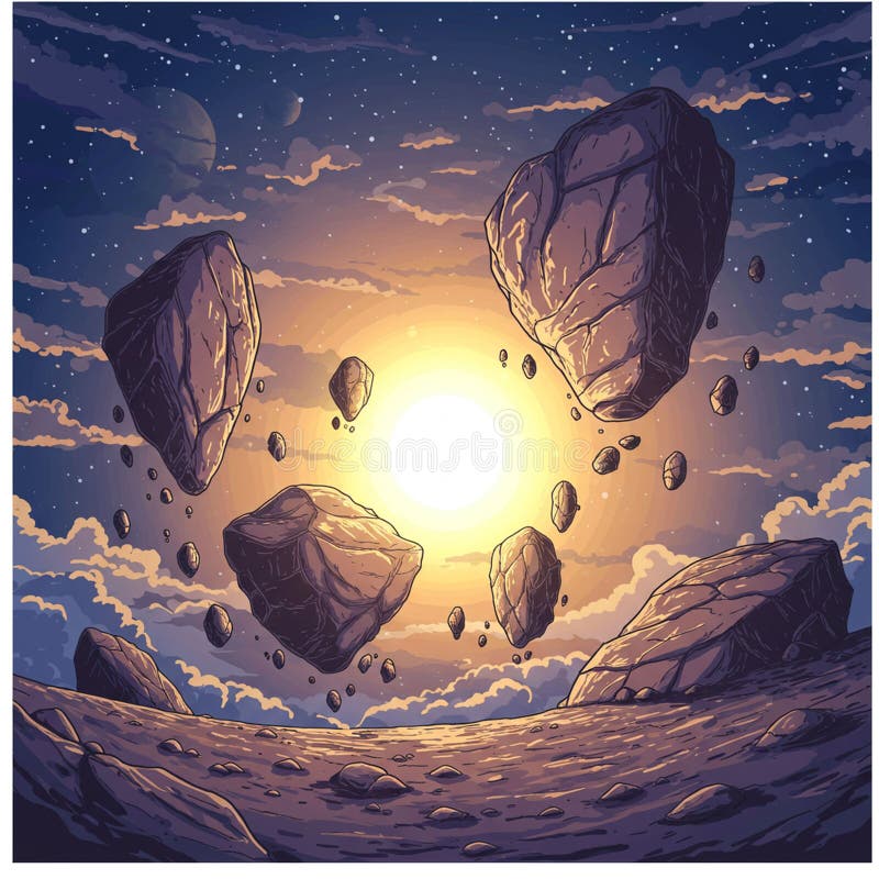 Rocks Float in Space Against a Colorful Cosmic Backdrop, Illuminated by ...