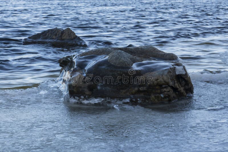 Rocks on the Shore of Water in Ice Stock Image - Image of wooden ...