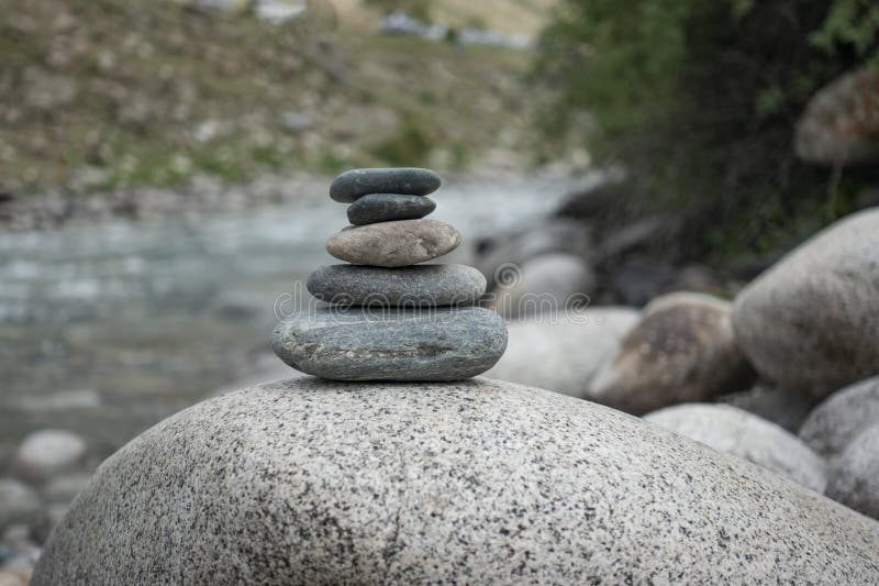 Rocks Stack on the Coast of Summer Mountain River, Concept of Balance ...
