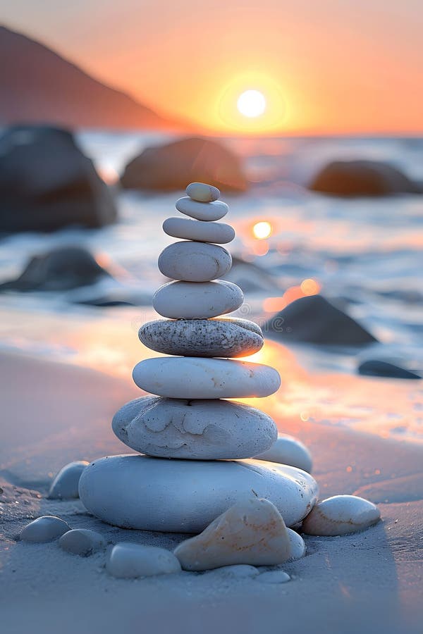 Rocks Stacked at Dusk on Beach Sunsets Glow Illuminating Sky and ...