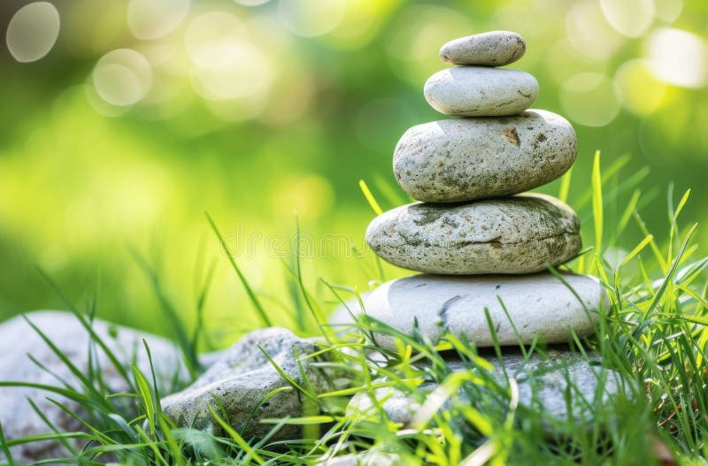 Rocks are Stacked in Front of Green Grass Stock Image - Image of ...
