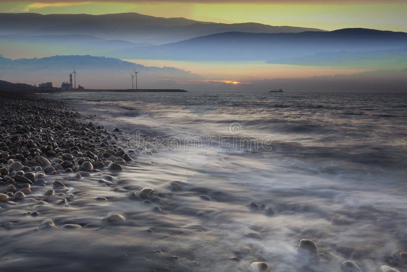 Rocks on Stone Beach at Sunset. Beautiful Beach Sunset Sky Stock Photo ...