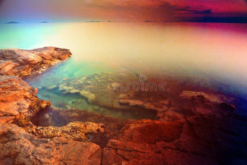 Rocks on Stone Beach at Sunset. Beautiful Beach Sunset Sky Stock Photo ...