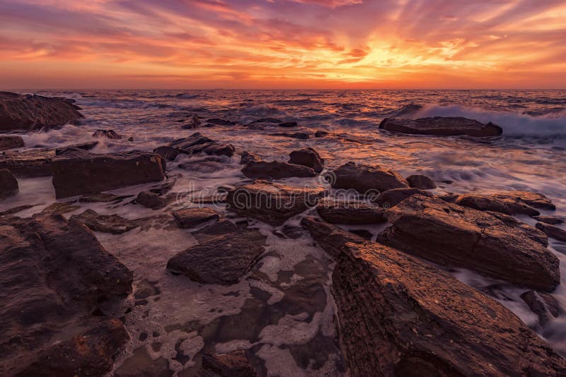 Rocks on the Stone Beach at Sunset. Stock Image - Image of dawn ...