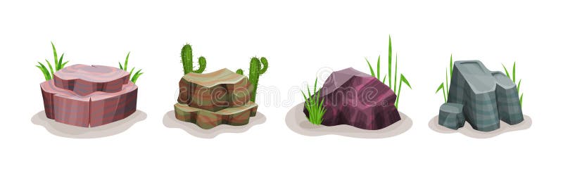 Rocks and Stones with Green Grass Vector Set Stock Vector ...